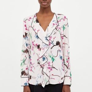 Zara | Tops | Zara Print Blouse With Ruffle | Poshmark